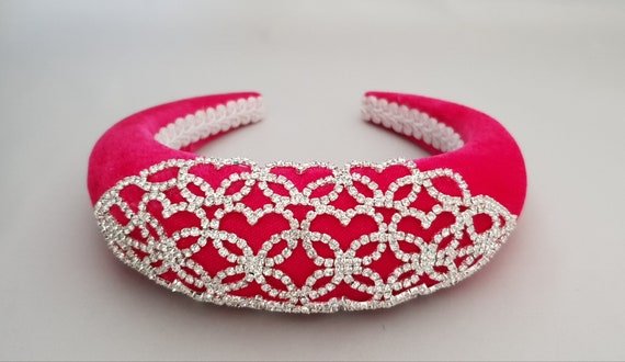 Pink Deeply Padded Puffy Velvet Headband Crystal Rhinestone Etsy