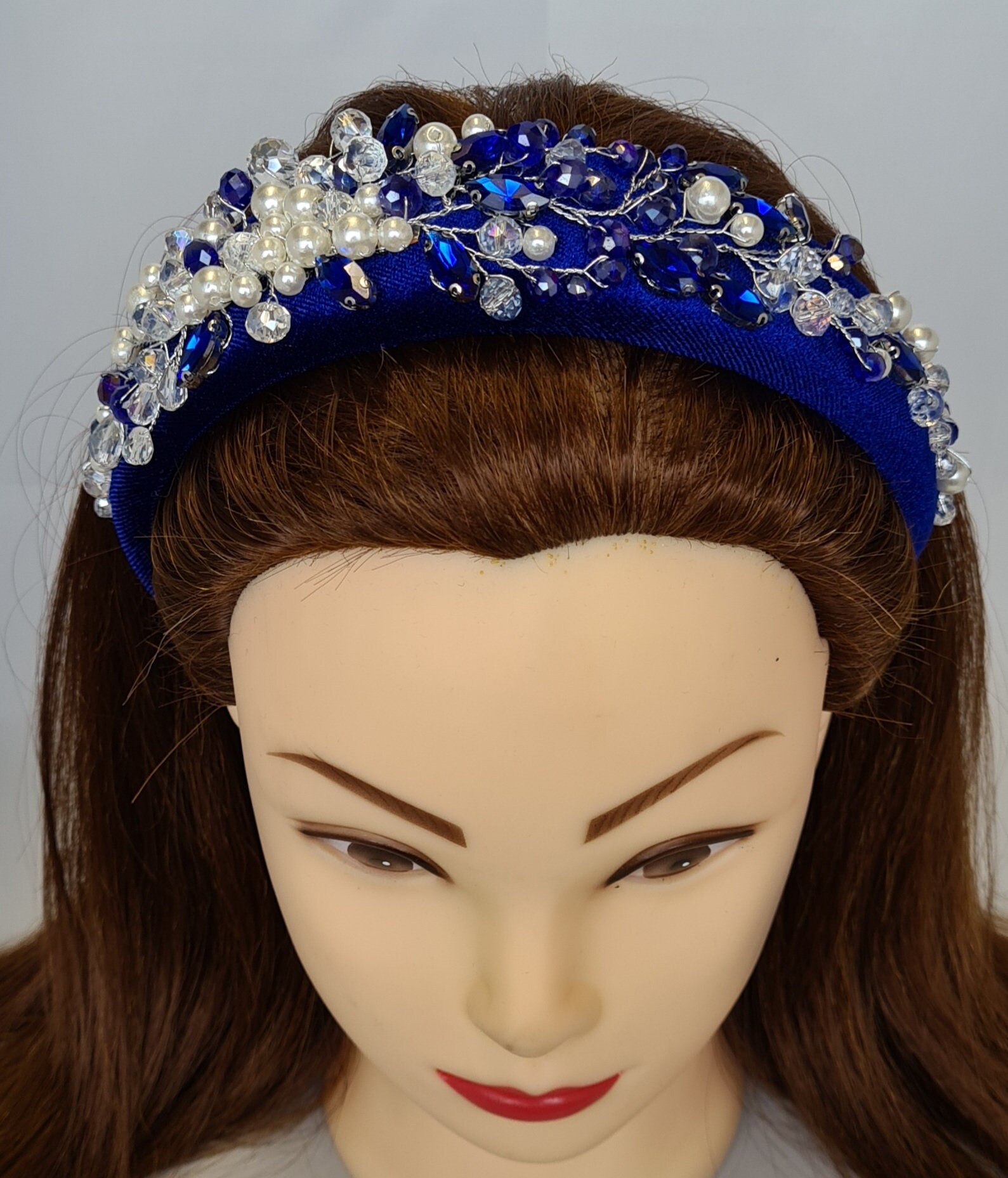 Royal Blue Padded Velvet Headband Crystal Pearl Beaded Flower Etsy