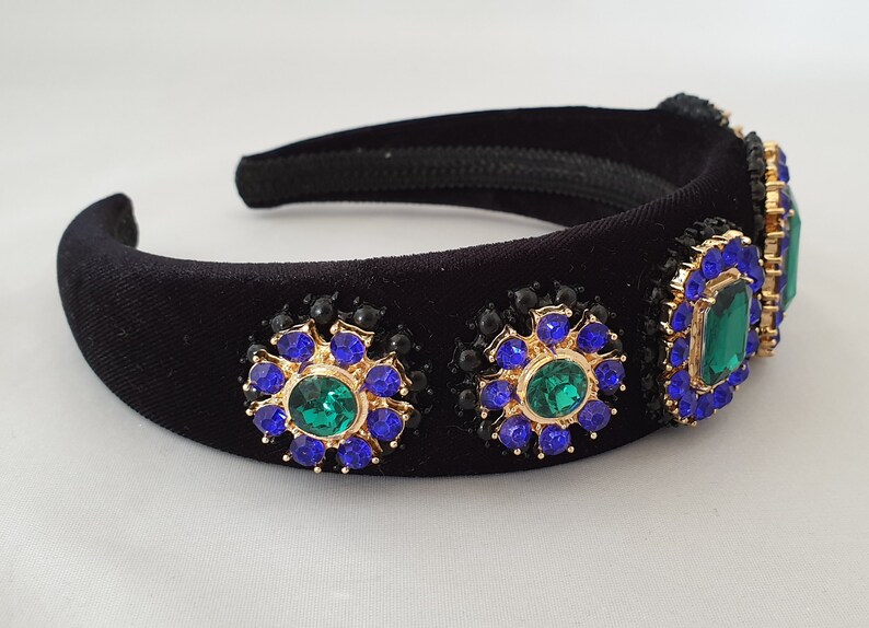 Black Padded Velvet Headband Emerald Green Glass / Crystal ...