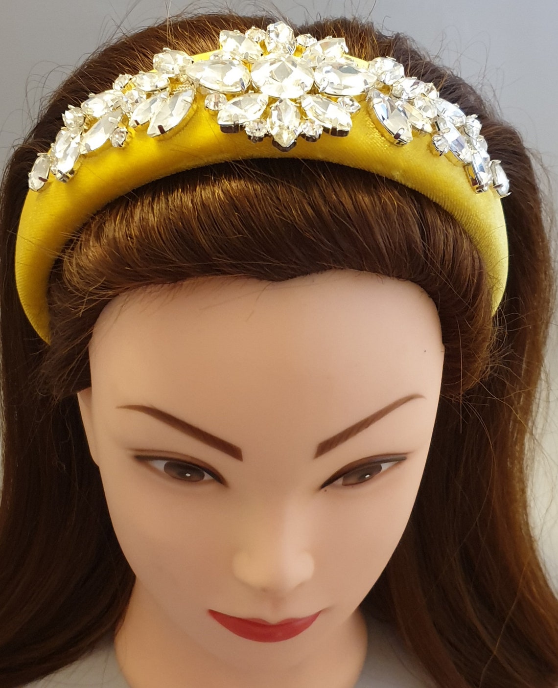 Yellow Padded Velvet Headband Glass Crystal Rhinestone Flower Etsy