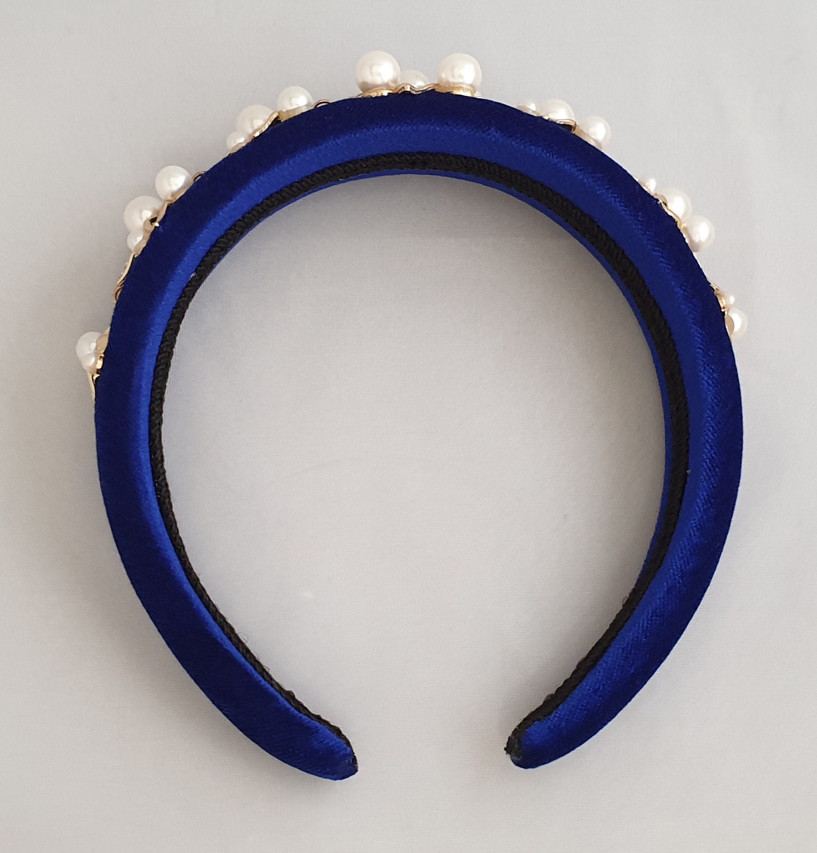 Royal Blue Padded Velvet Headband Crystal Faux Pearl Leaf Etsy