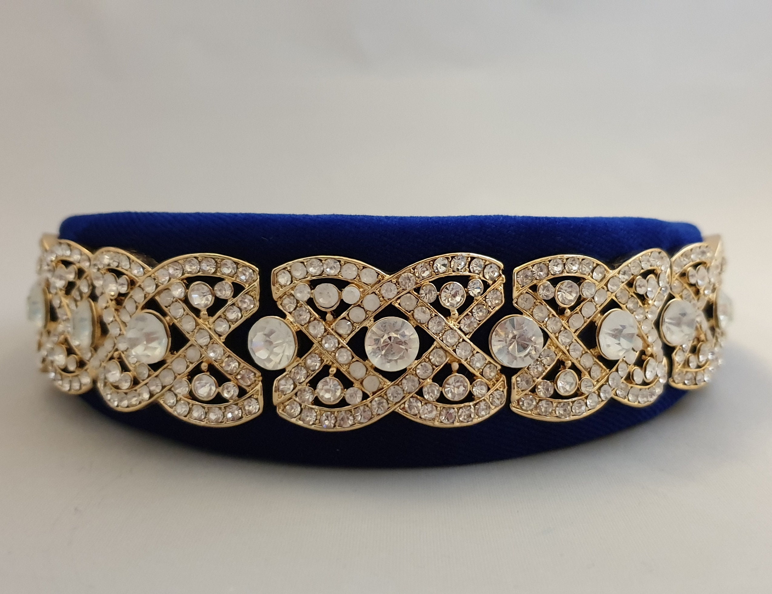 Royal Blue Padded Velvet Headband Gold Tone Crystal Diamante Etsy