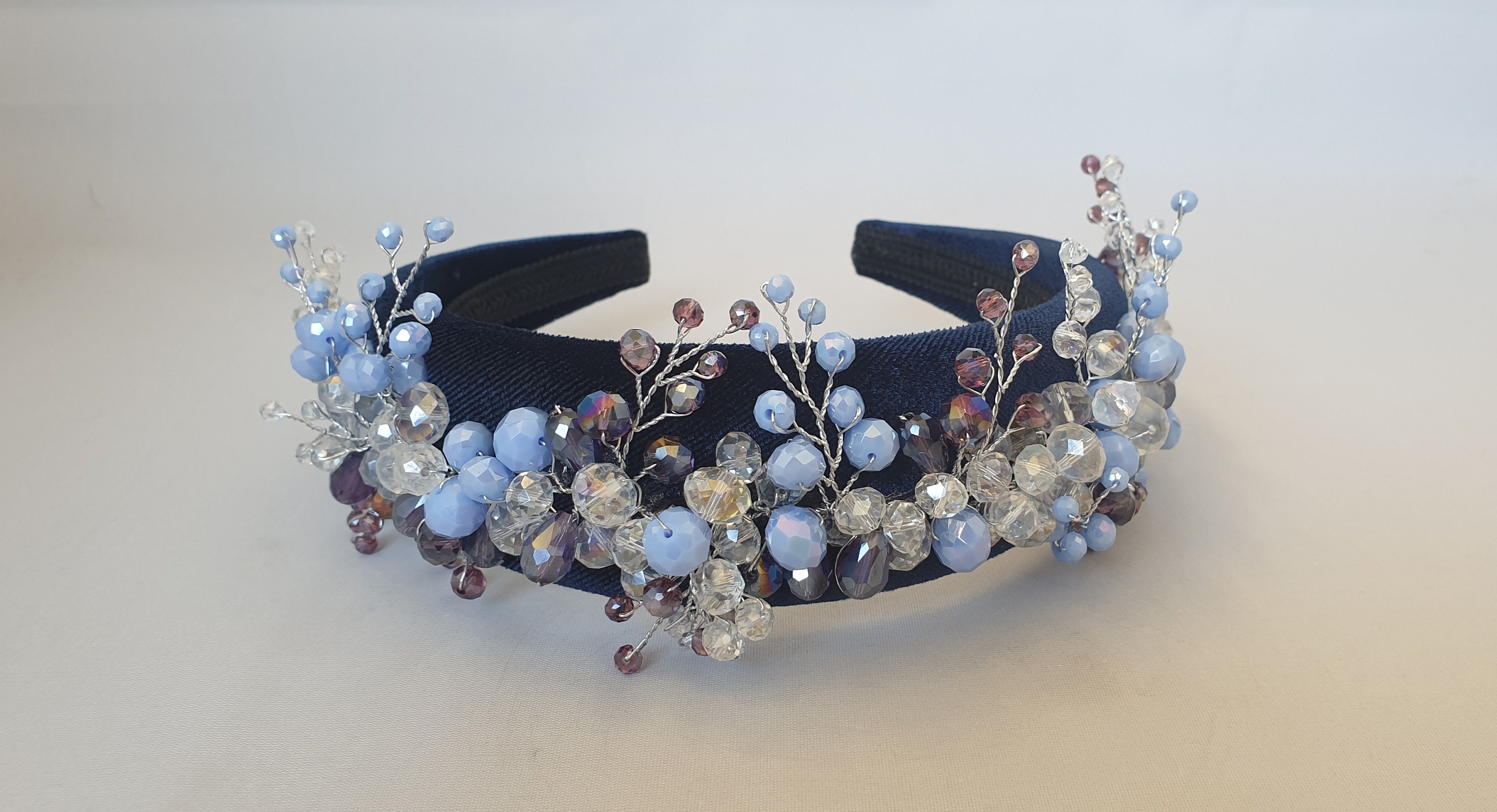 Navy Blue Padded Velvet Headband Crystal Beaded Flower Etsy