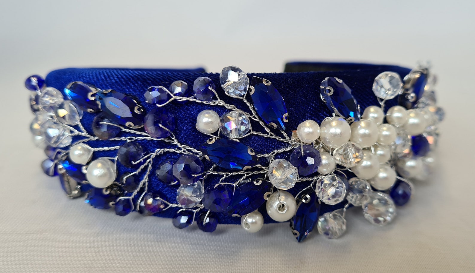 Royal Blue Padded Velvet Headband Crystal Pearl Beaded Flower Etsy