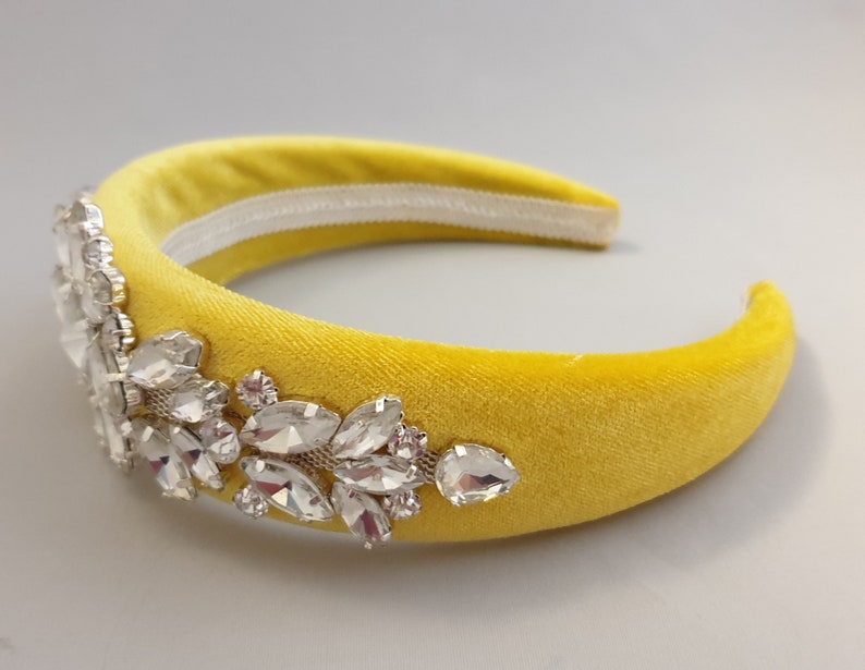 Yellow Padded Velvet Headband Glass Crystal Rhinestone Flower Etsy Uk
