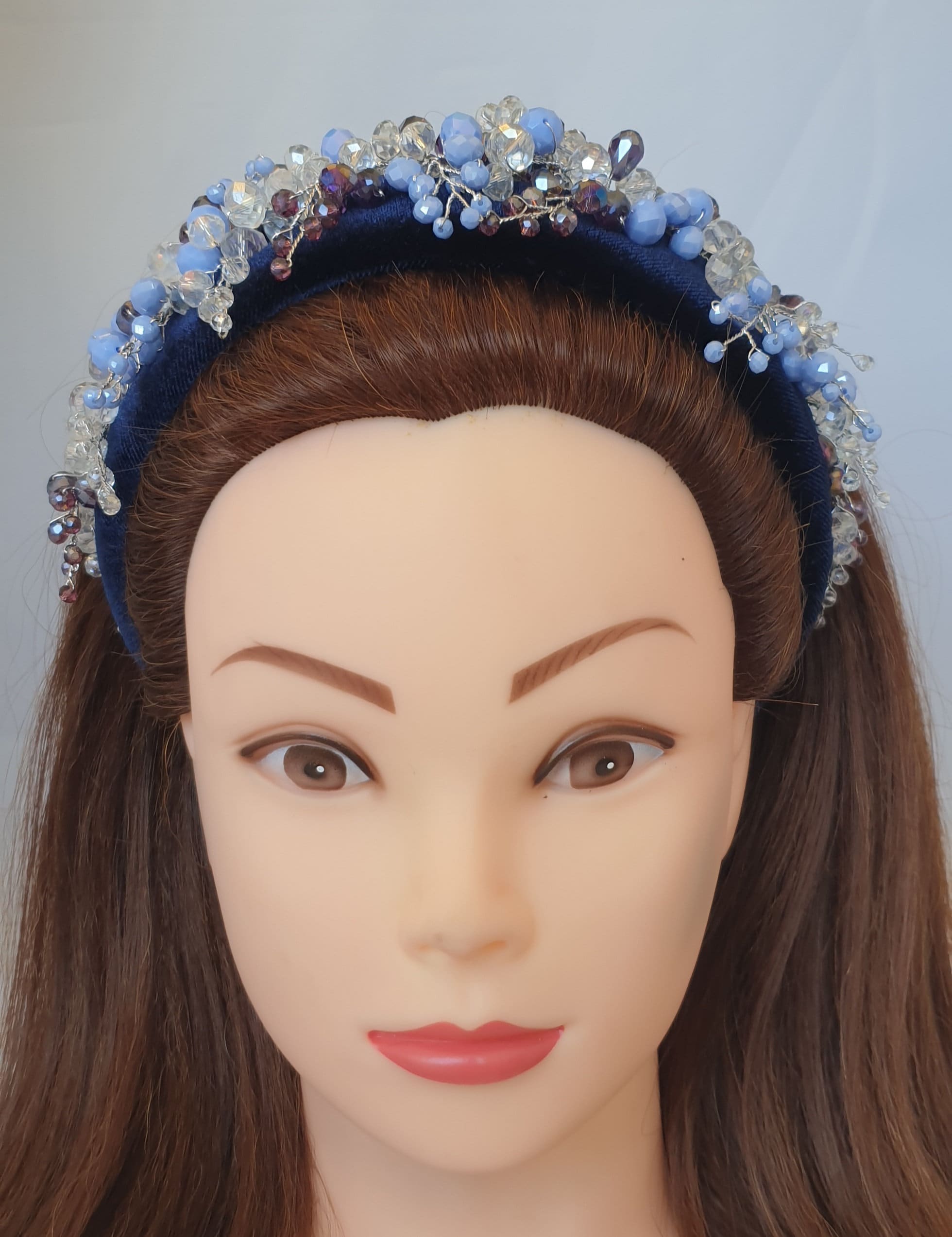Navy Blue Padded Velvet Headband Crystal Beaded Flower Etsy