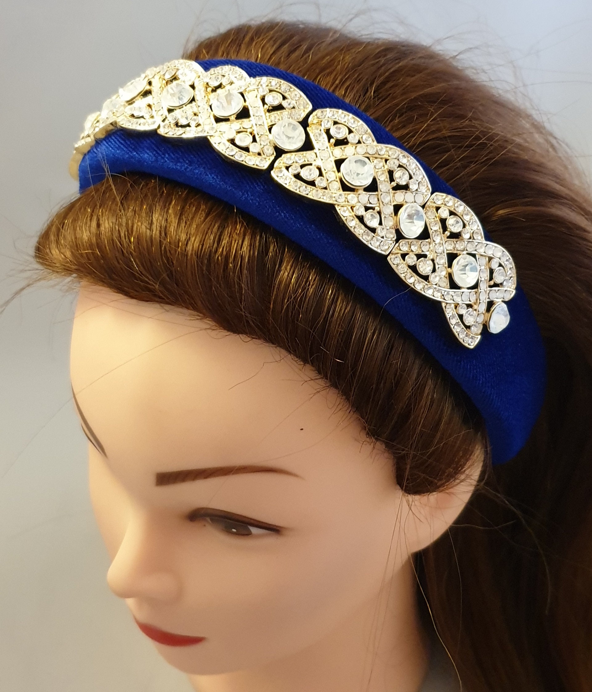 Royal Blue Padded Velvet Headband Gold Tone Crystal Diamante Etsy