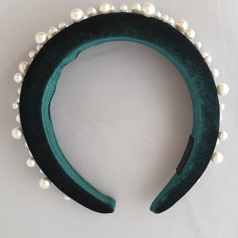 Dark Green Deeply Padded Puffy Velvet Headband Faux Pearl Etsy