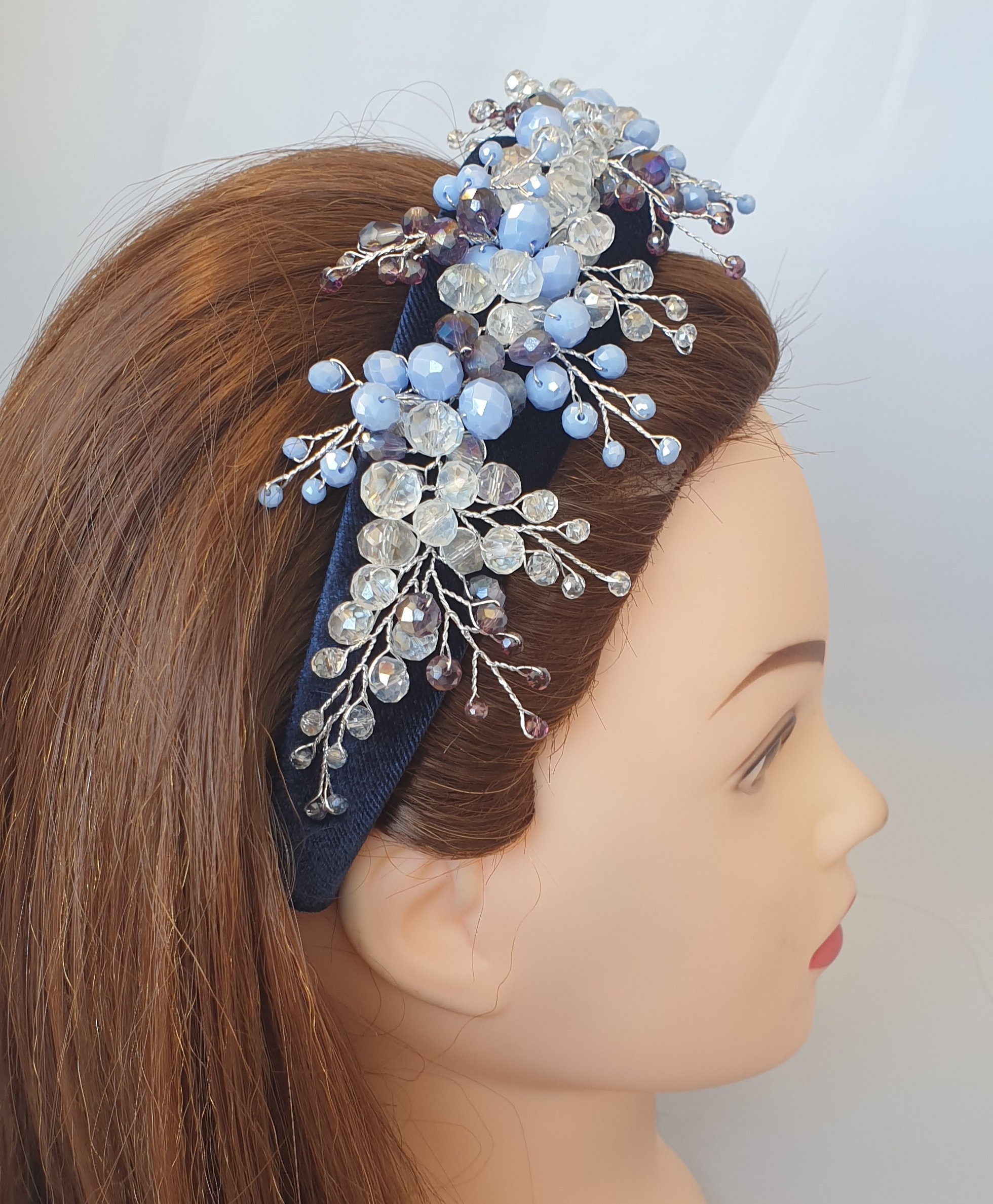 Navy Blue Padded Velvet Headband Crystal Beaded Flower Embellished ...