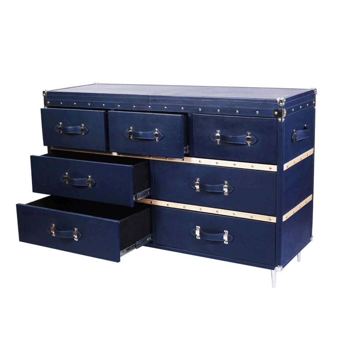 Blue Leather Handcrafted Wooden Chest Drawers Living Room | Etsy