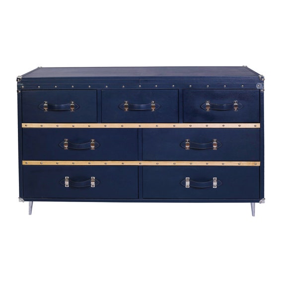 Blue Leather Handcrafted Wooden Chest Drawers Living Room | Etsy