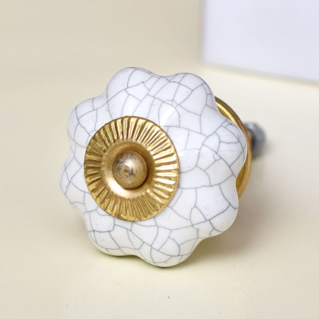 White Crackle Ceramic Melon Cabinet Knob Decorative Knobs Vintage Knobs and Pulls Antique Pulls ...