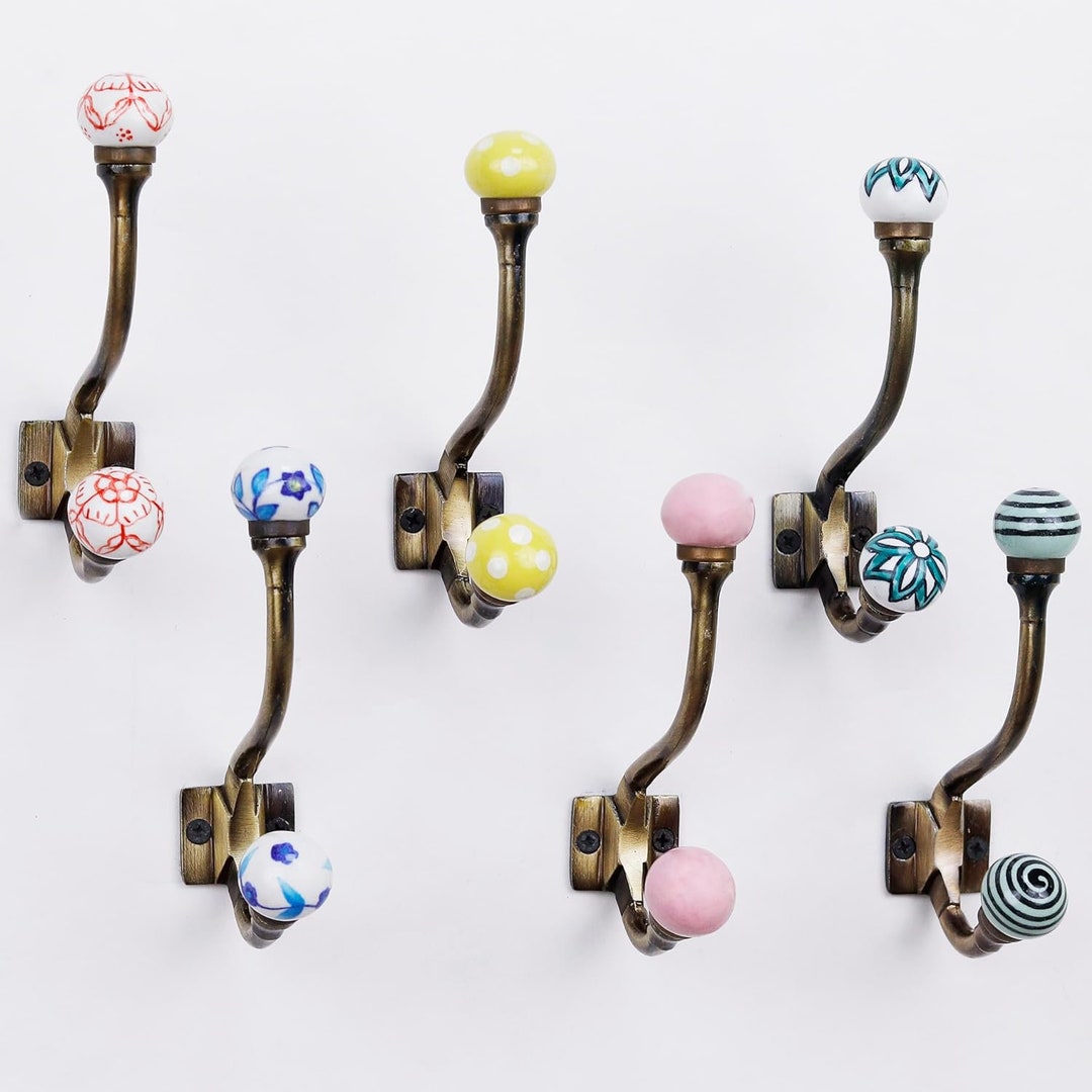 Pack of 6 Ceramic Unique Wall Hooks for Hanging Multicolor Double Prong ...