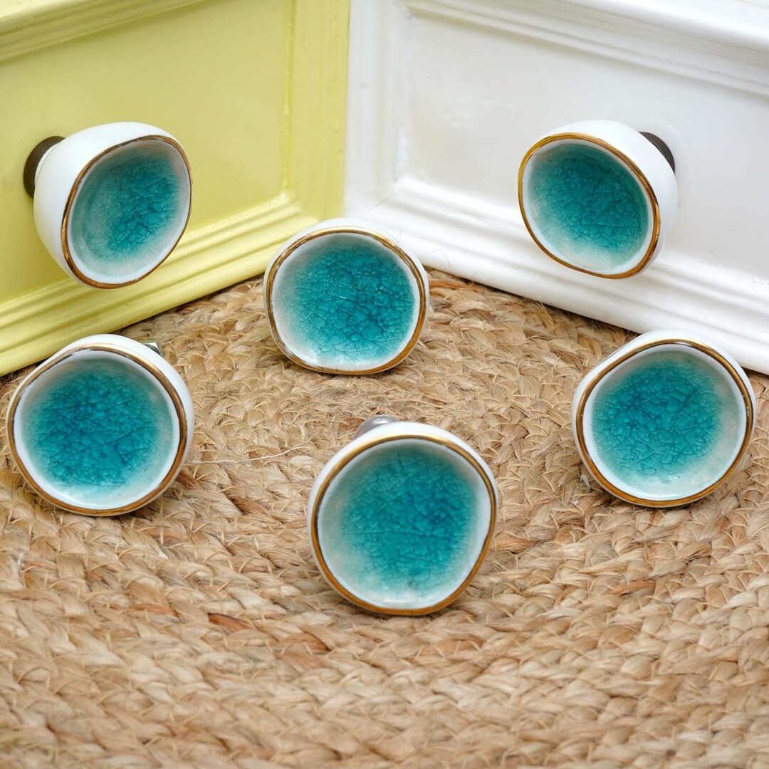 6 Pack Turquoise Decorative Knobs Round Ceramic Drawer Knobs Cute ...