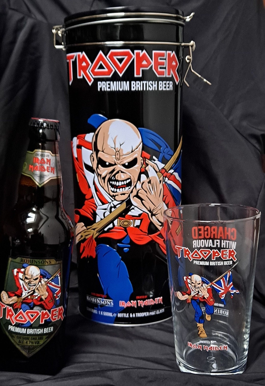 Iron Maiden Trooper Beer Gift Tin, Bottle and Pint Glass. Embossed ...