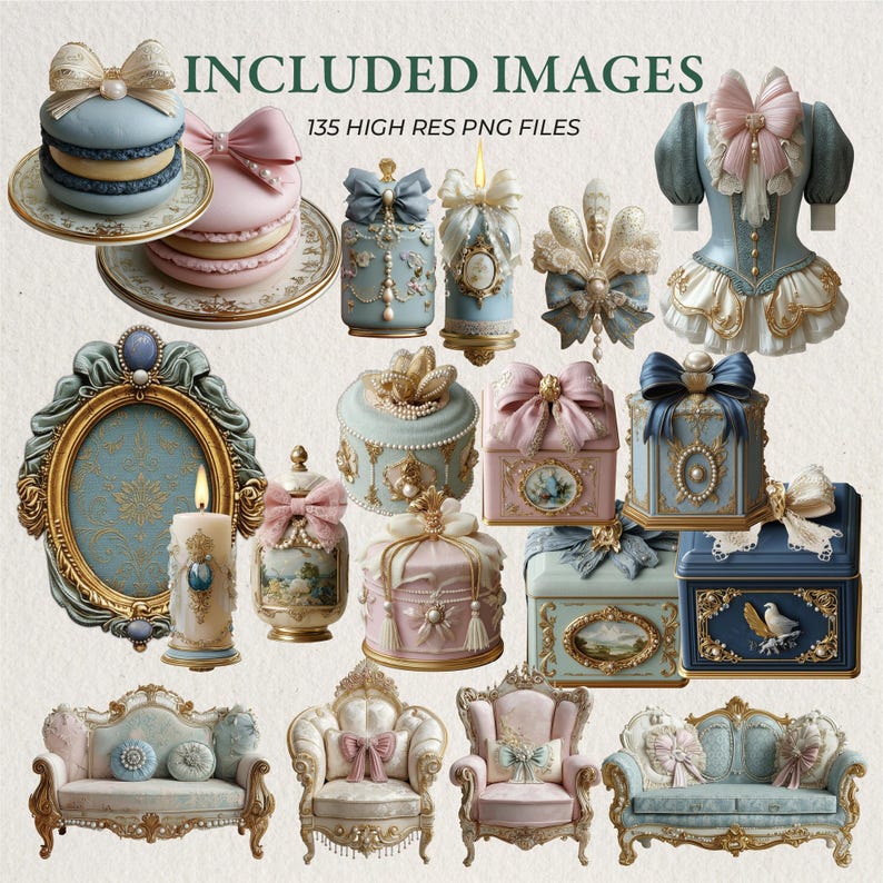 Rococo Clipart Bundle, Bows, Frames, Marie Antoinette (PNG Digital Pack ...