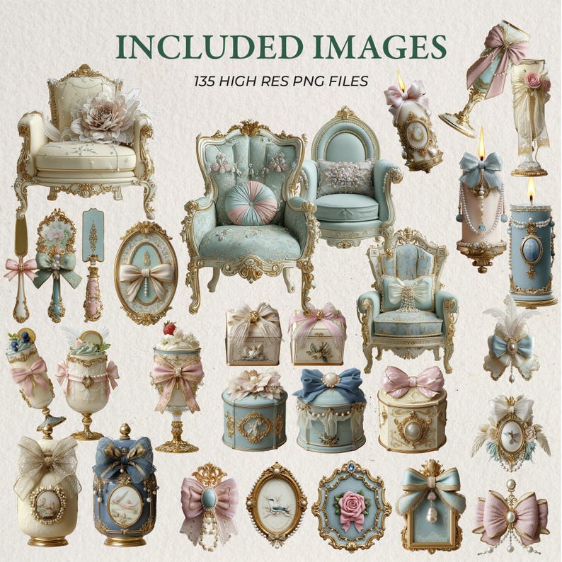 Rococo Clipart Bundle, Bows, Frames, Marie Antoinette (PNG Digital Pack ...