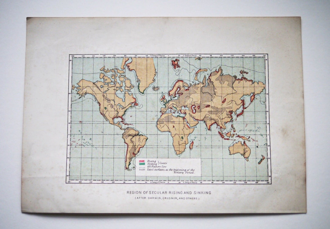 Antique World Map region of Secular Rising and Sinking After Darwin ...