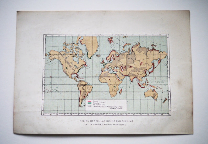 Antique World Map region of Secular Rising and Sinking - Etsy