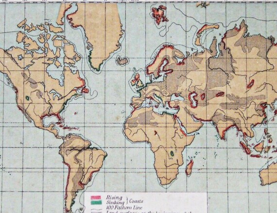 Antique World Map region of Secular Rising and Sinking | Etsy