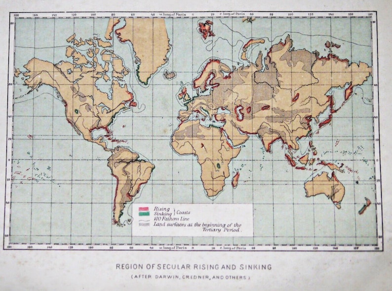 Antique World Map region of Secular Rising and Sinking - Etsy