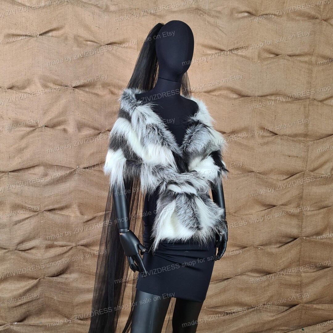 Fur Wrap, Fur Black White Cape, Faux Fur Mix Wrap, Black Wedding Wrap ...