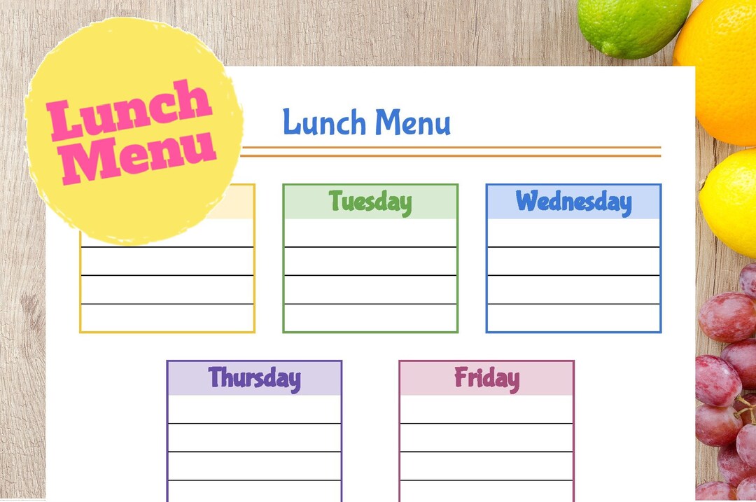 Lunch Menu Planner Printable Kids Lunch School Lunch-instant Download ...