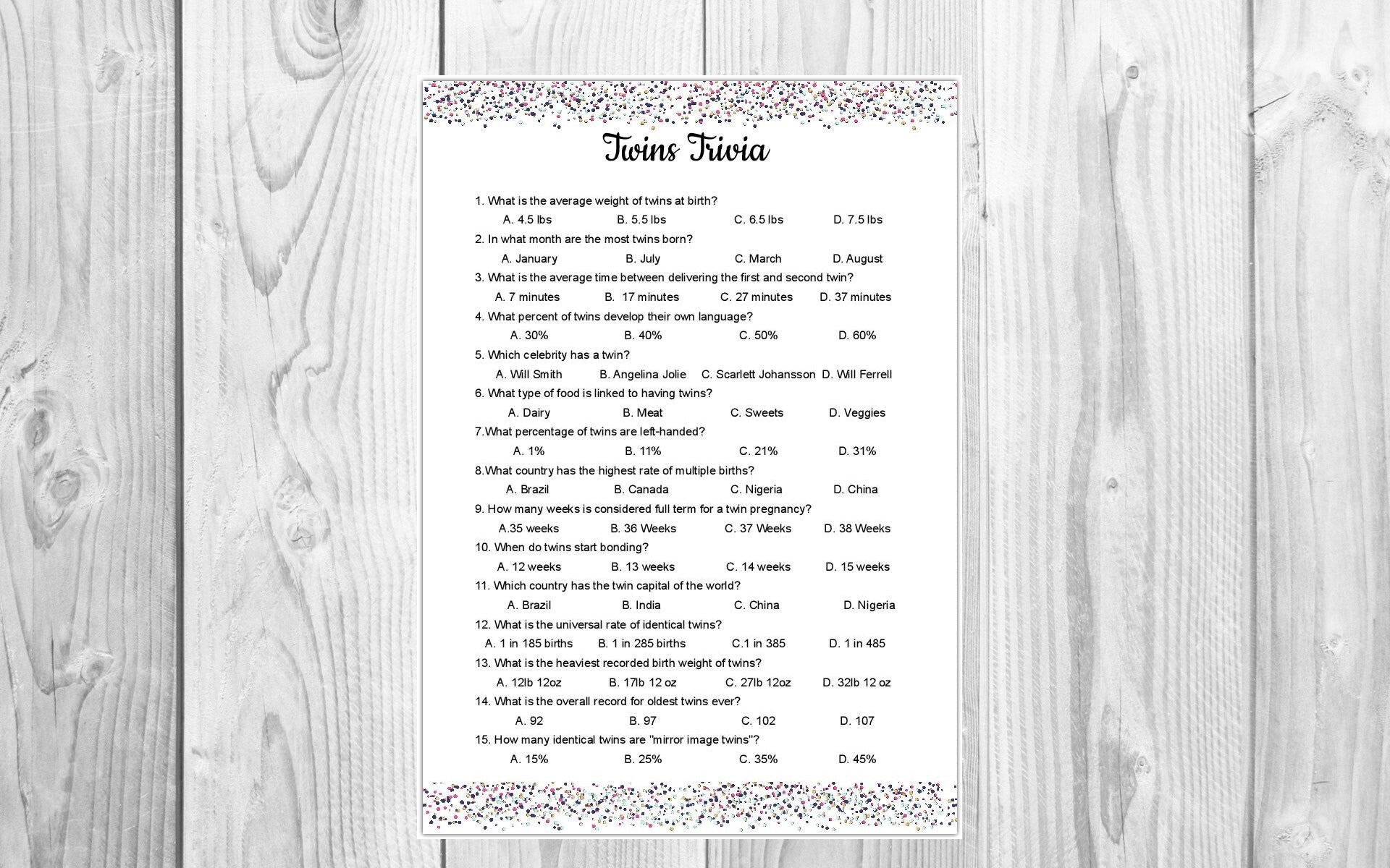 Twins Trivia Birthday Game Printable Baby Shower Game Kids | Etsy
