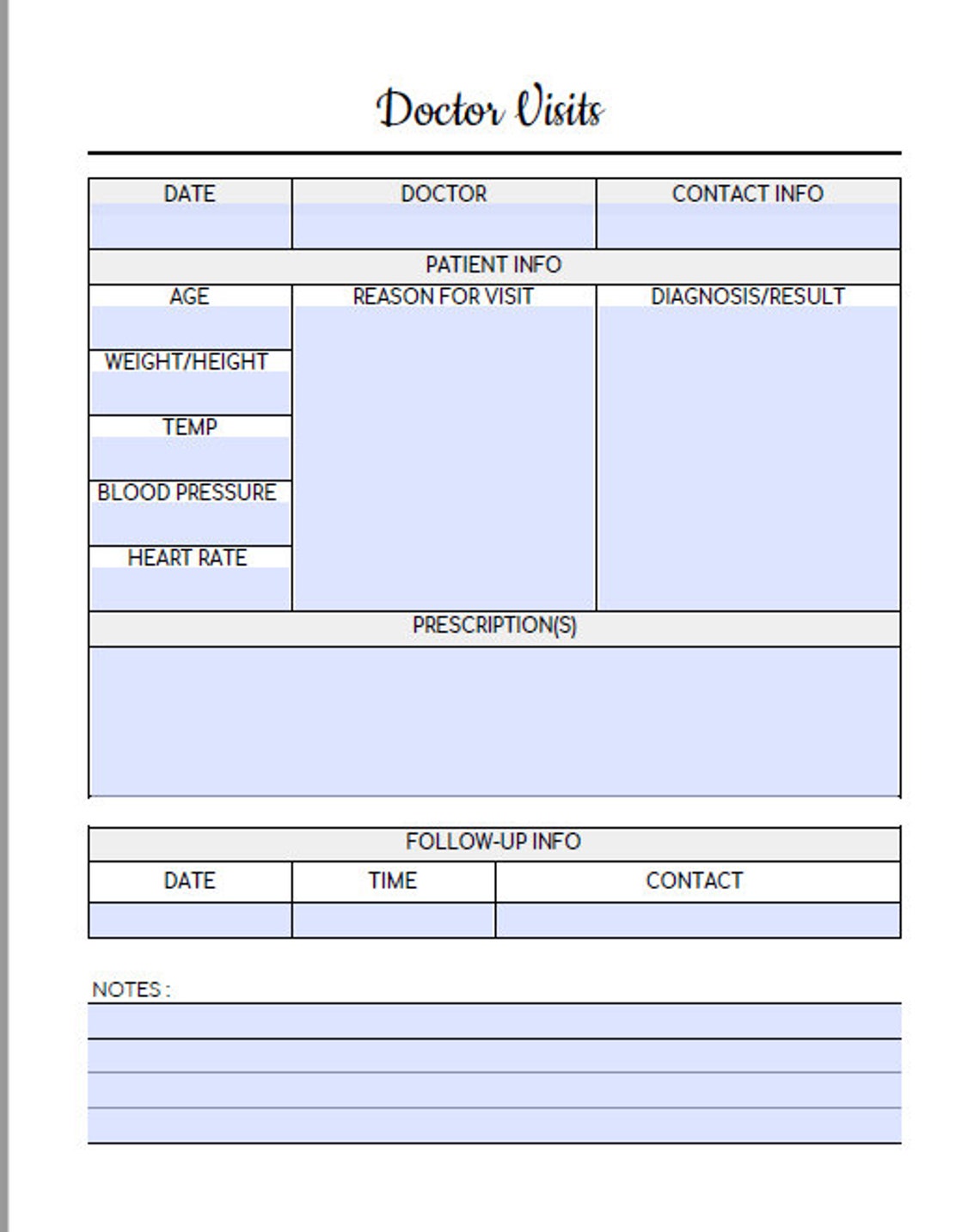 Doctor Visit Printable Editable Doctor Record Instant - Etsy