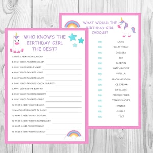 Unicorn Birthday Game Printable | Who Knows the Birthday Girl the Best ...