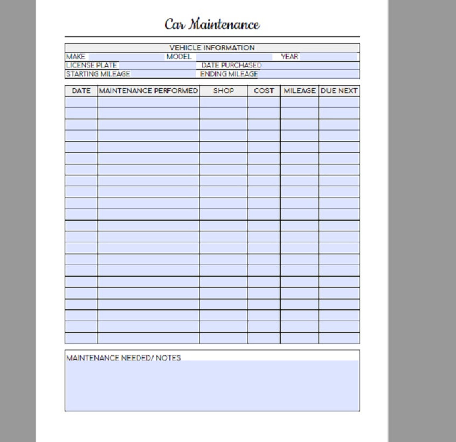Car Maintenance Printable Editable Vehicle Records Instant - Etsy