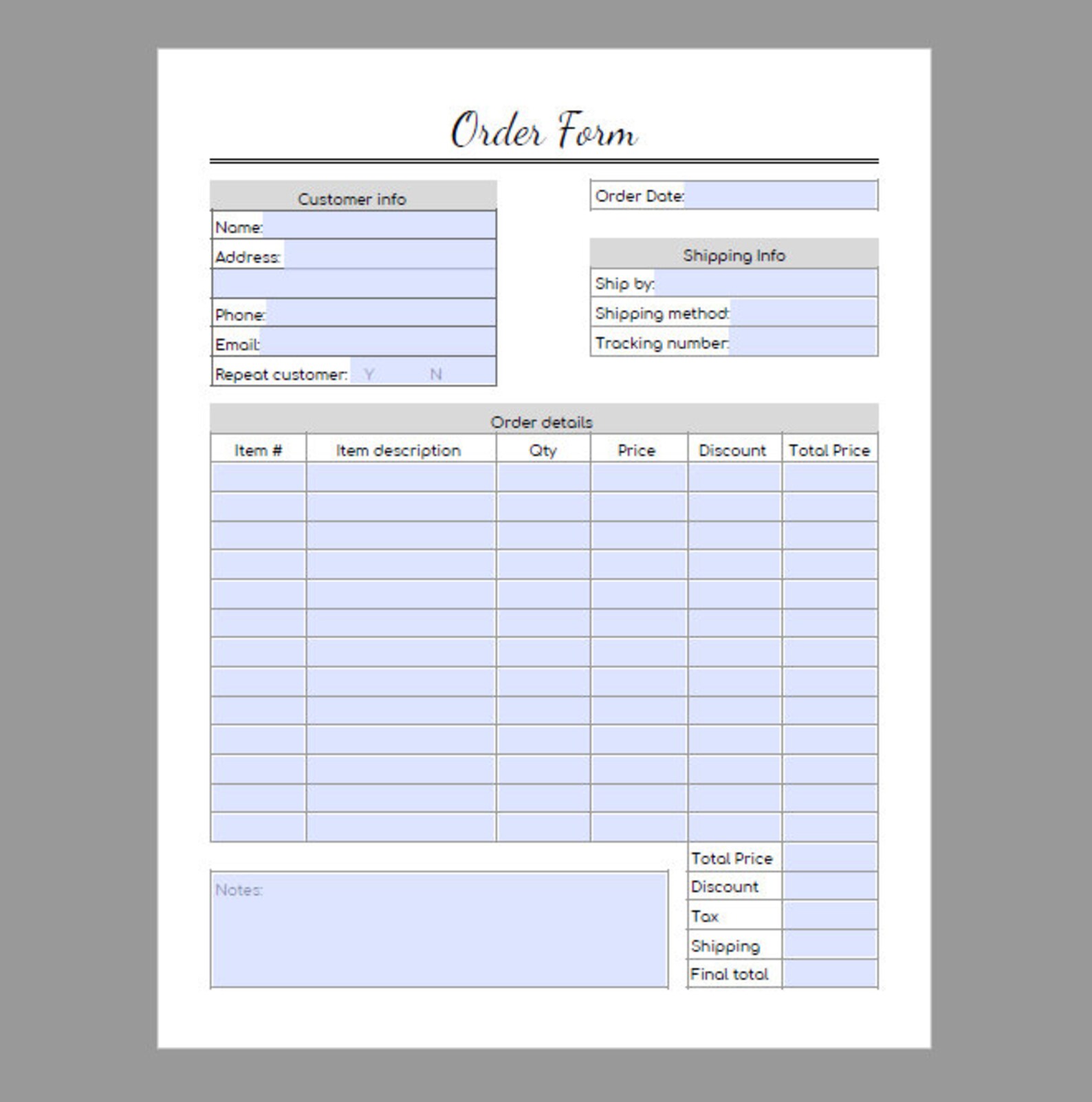 Order Form Printable Editable PDF Instant Download Customer - Etsy