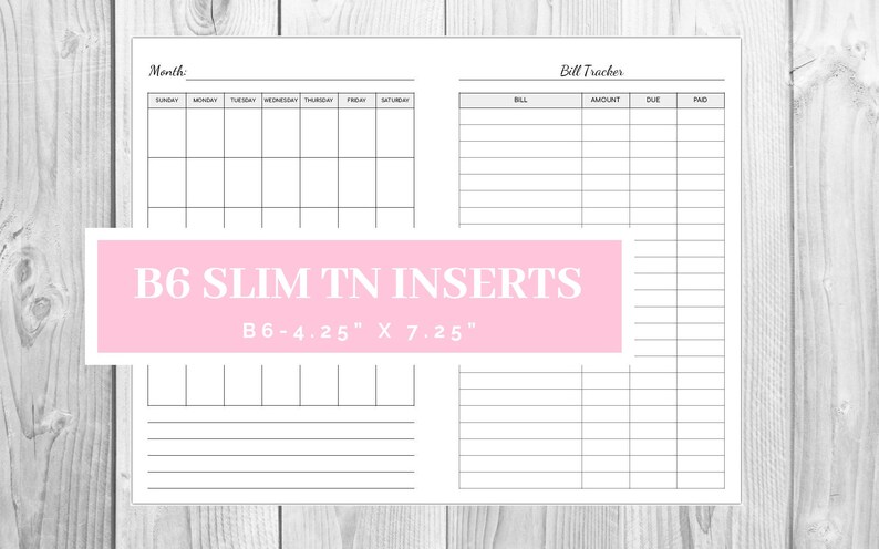 B6 Slim Bill Tracker With Calendar TN Inserts Printable | Etsy