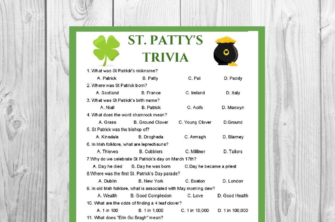 St. Patty's Day Trivia Printable Game Printables - Etsy