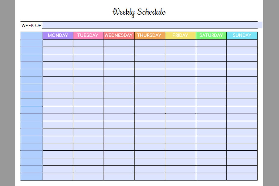 Weekly Schedule Editable PDF Colorful Hourly Schedule | Etsy