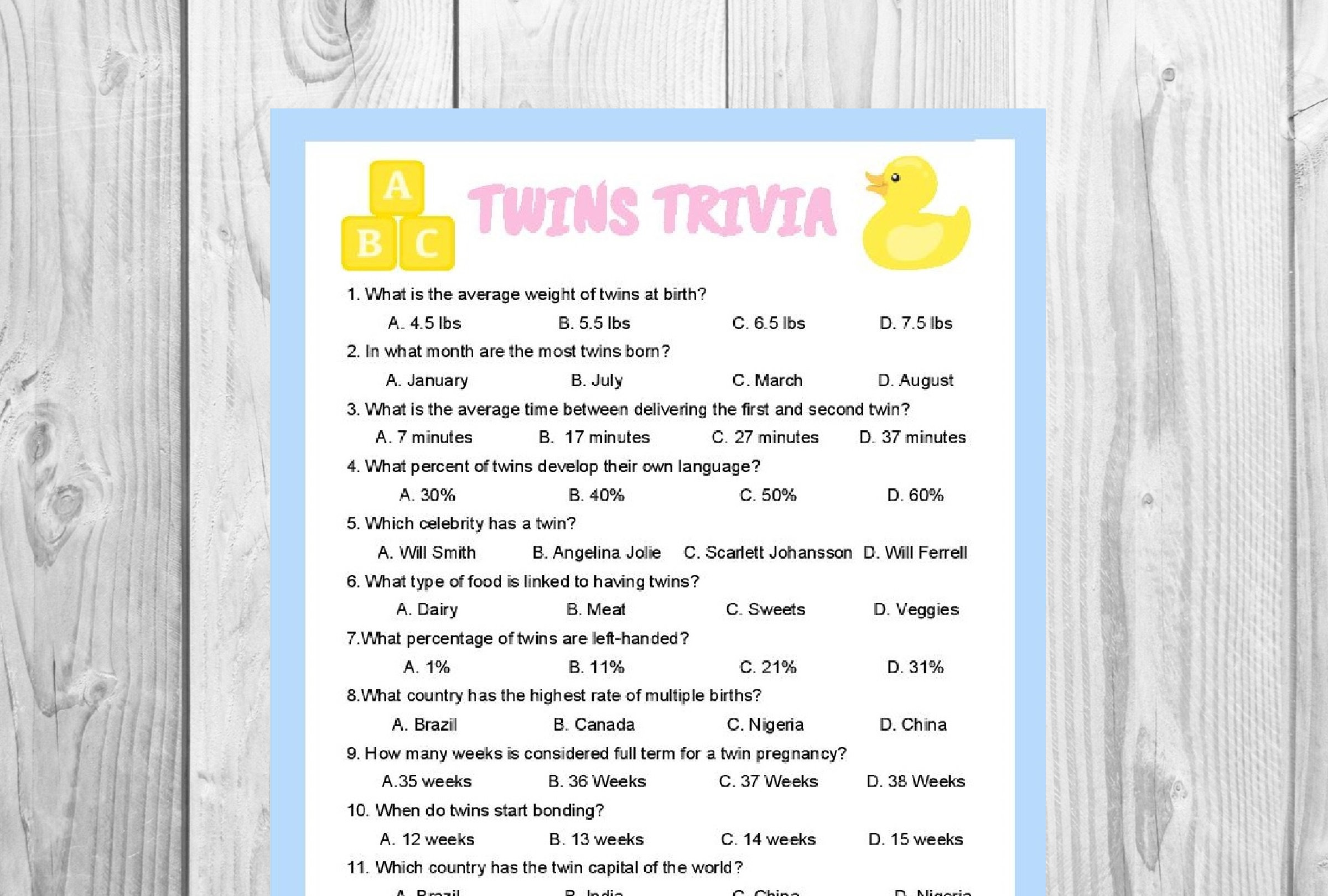 Twins Trivia Birthday Game Printable Baby Shower Game Kids | Etsy Canada