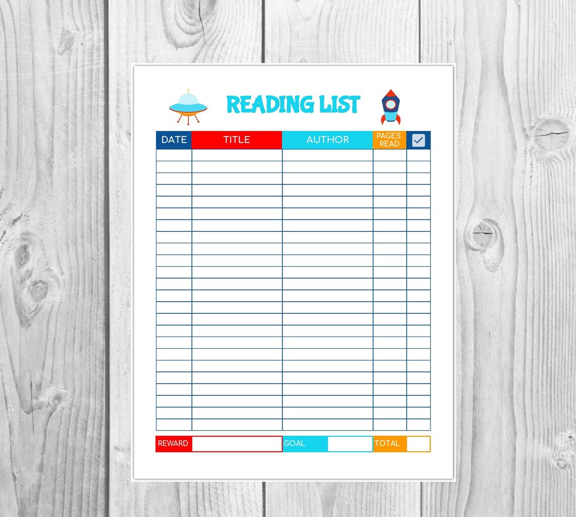 Reading Log Printable Space Chore Chart book Log Reading - Etsy