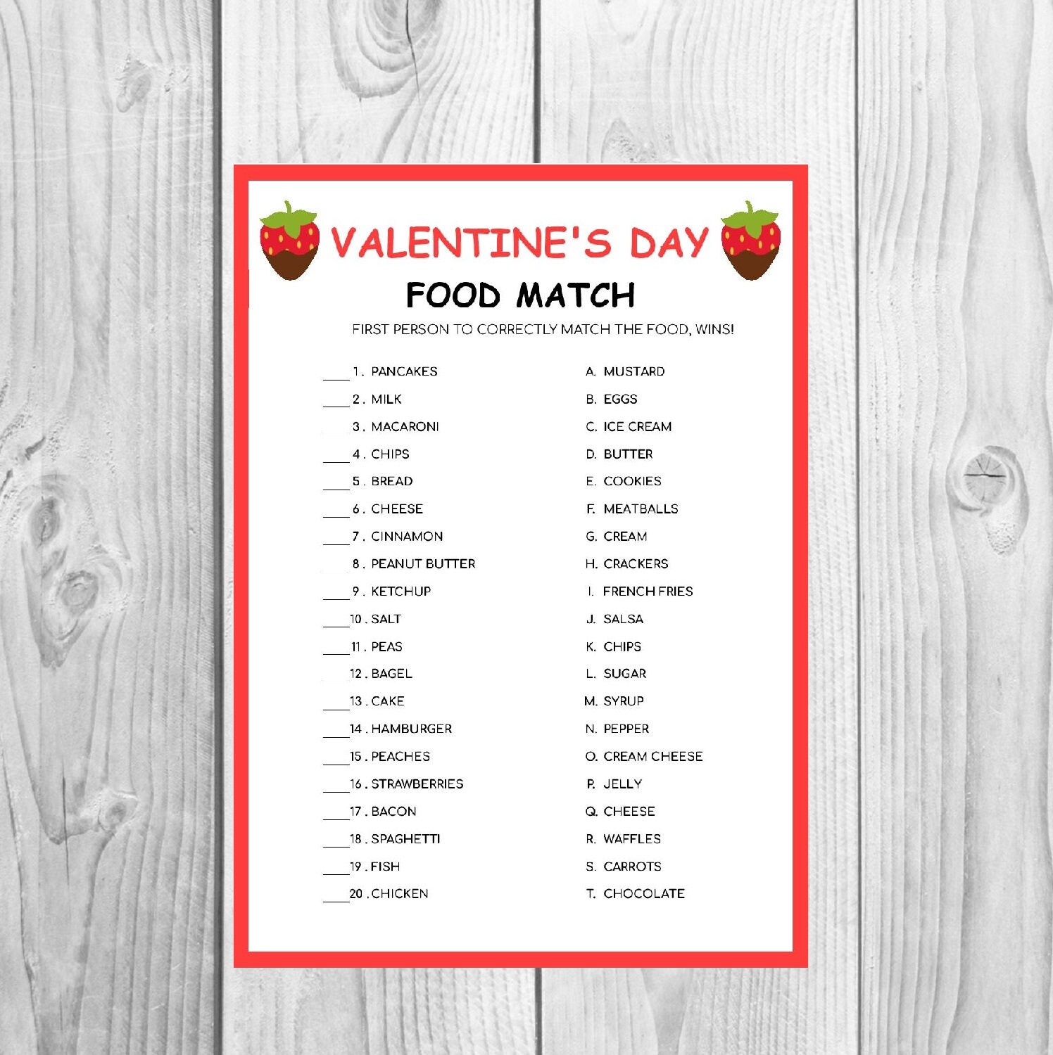 Valentine's Day Food Match Printable Family Games Indoor Games Kids ...