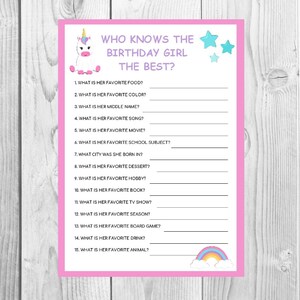 Unicorn Birthday Game Printable | Who Knows the Birthday Girl the Best ...