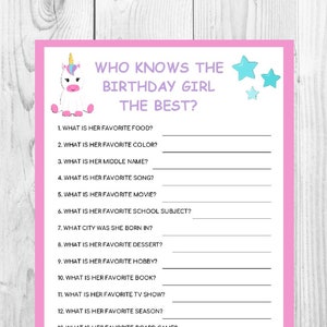 Unicorn Birthday Game Who Knows the Birthday Girl Printable Kids Games ...