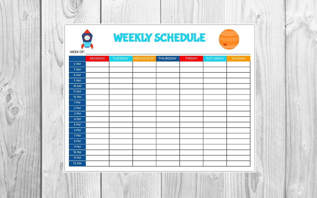 Weekly Schedule Space Colorful | Kid Printable | Hourly Schedule ...