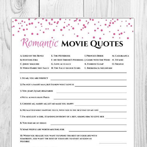 Romantic Movie Quotes Printable Bridal Shower Games INSTANT - Etsy