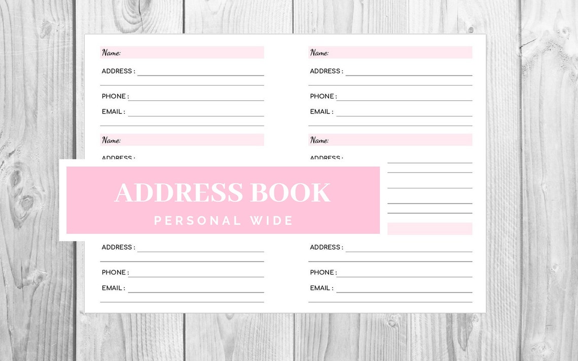 Personal Wide Pink Address Book Contact List Printable | Etsy