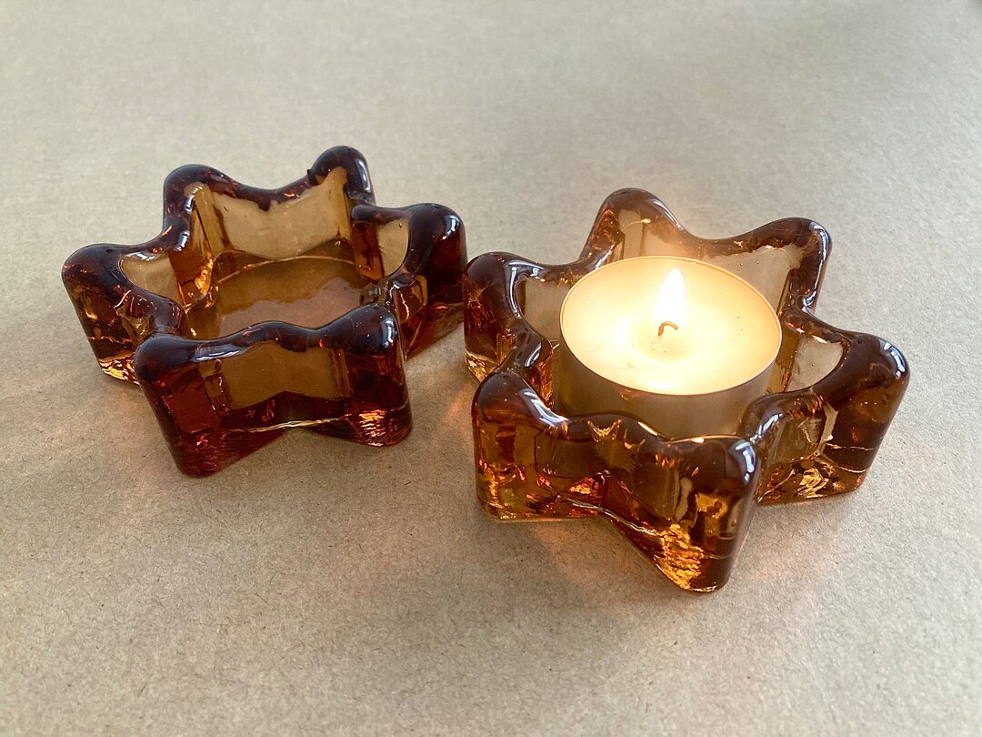 Vintage Geometric Shapes Amber Color Glass Tealight Holder - Set of 2 ...