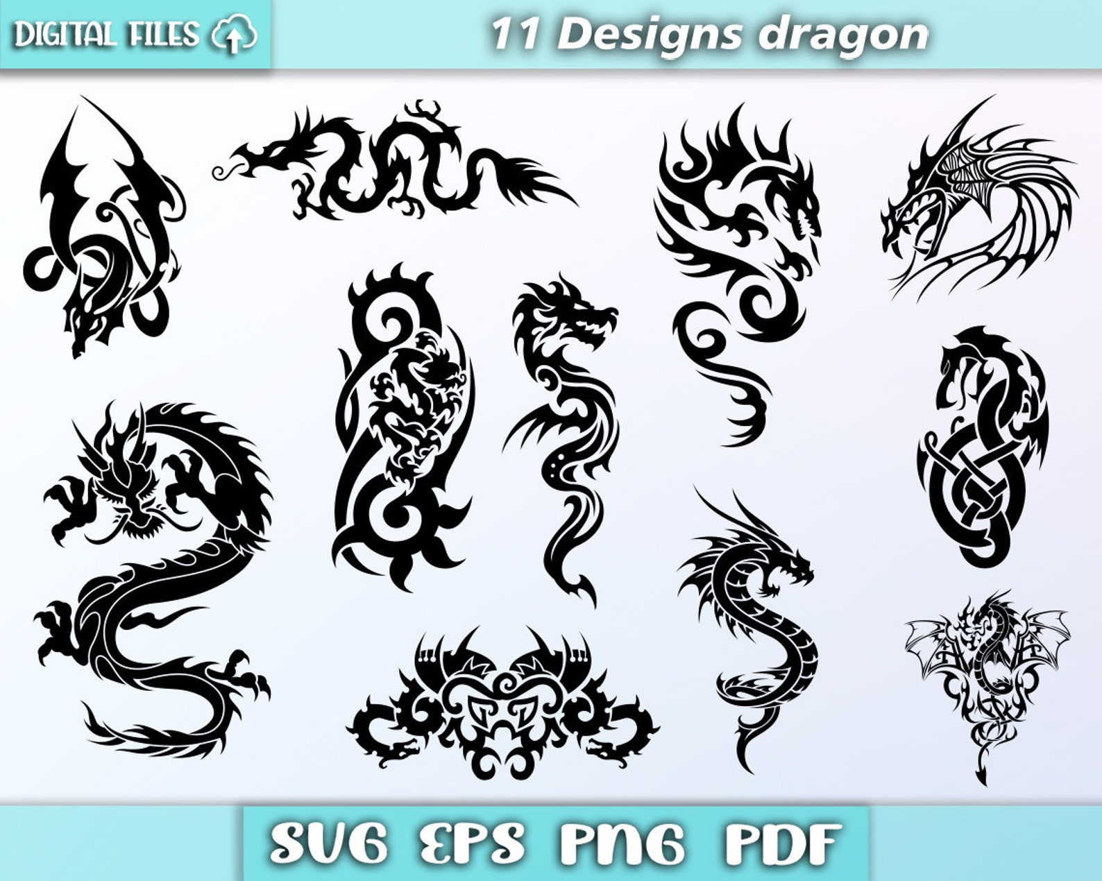 Dragon Svg/ Dragon Tattoo/ Dragon Vector/ Silhouette/ Eps/pdf/svg/png ...