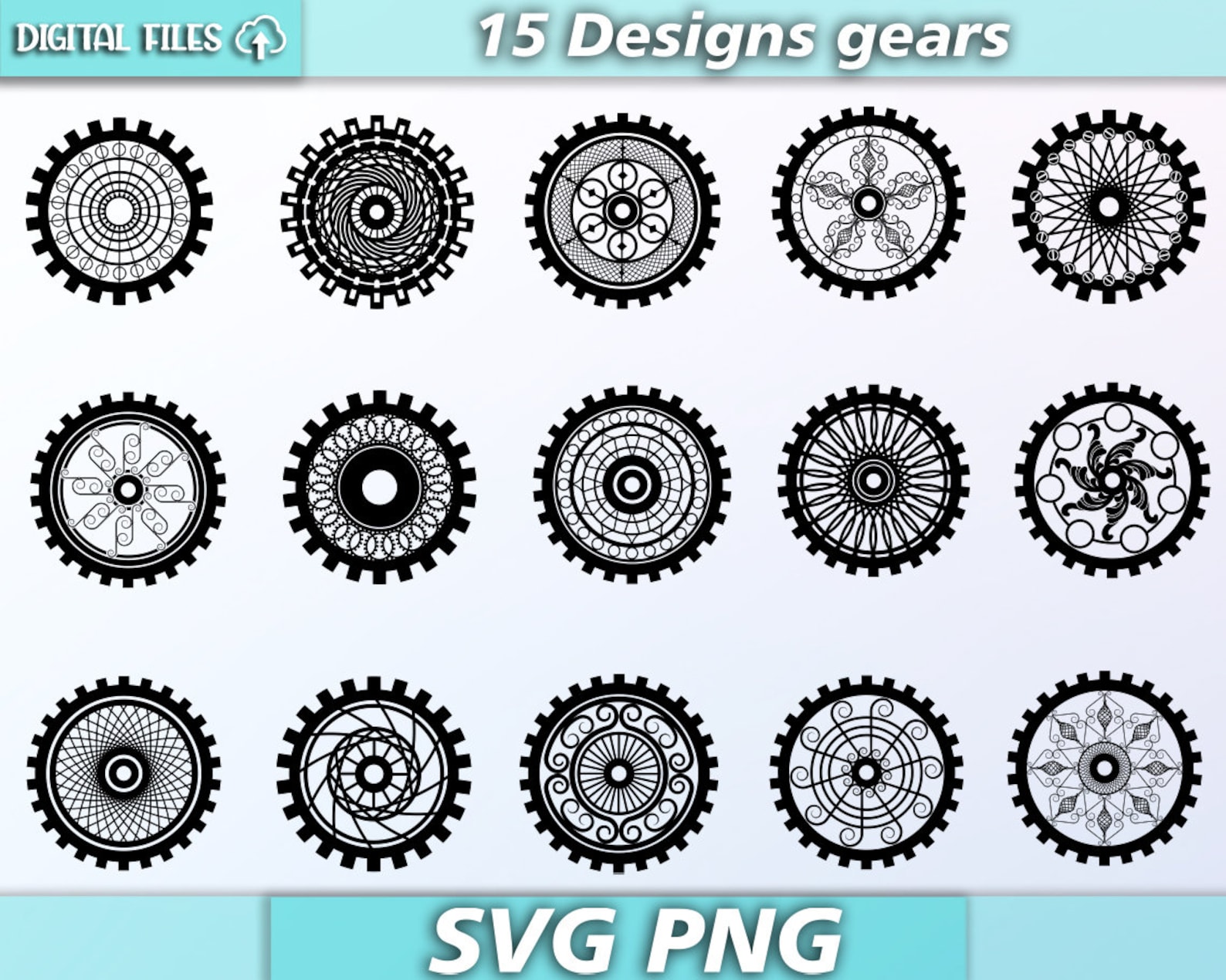 Gears Bundle Svg/ Gear Svg/ Gear Vector/ Gears Silhouette/ Steampunk ...