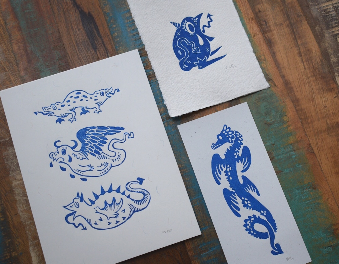 Dragons Triplet Linocut Prints - Etsy