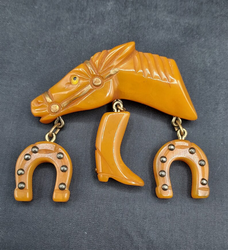 Vintage Bakelite Butterscotch Amber Horse, Horseshoes & Boot Novelty ...