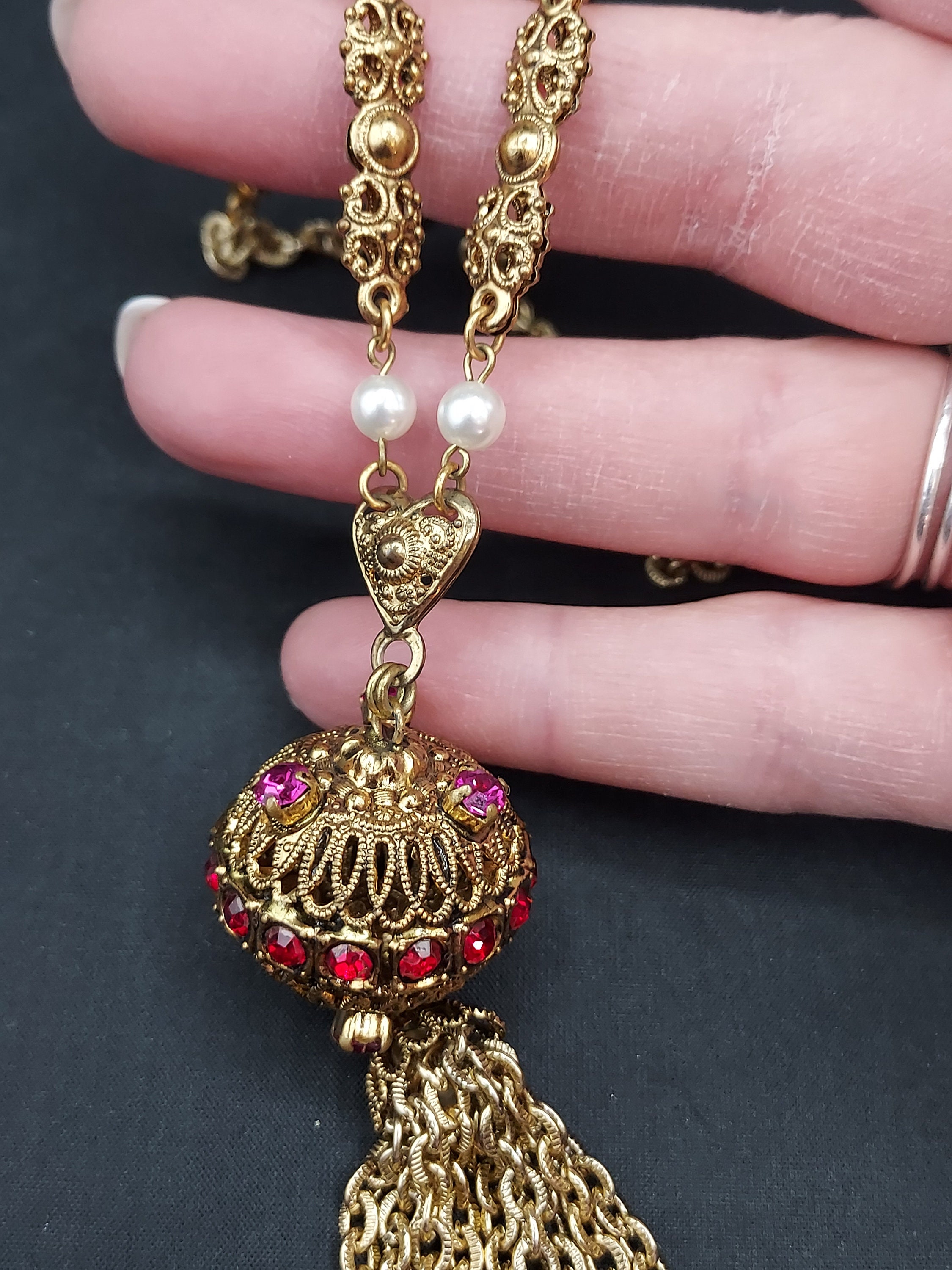 Vintage WEST GERMANY Filigree Red Pink Rhinestone Pearl Dangle Pendant Necklace - Etsy