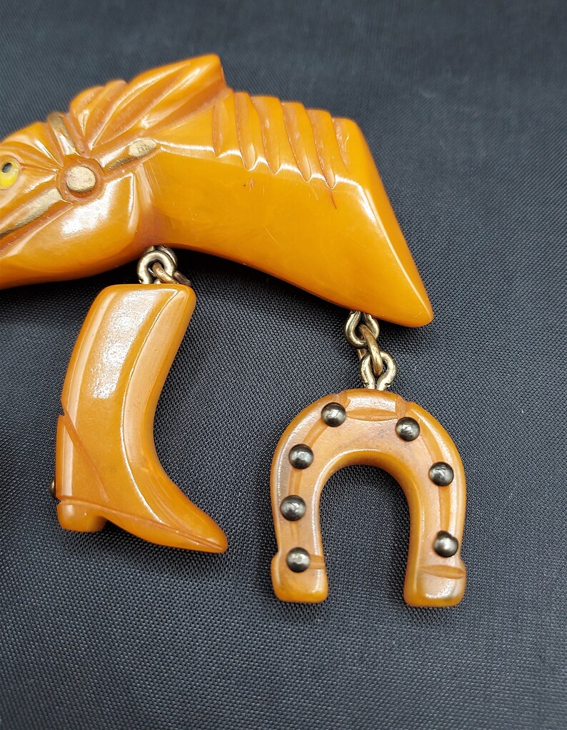 Vintage Bakelite Butterscotch Amber Horse, Horseshoes & Boot Novelty ...